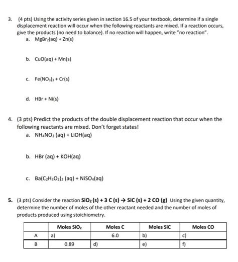 Solved 3 4 Pts Using The Activity Series Given In Section Chegg Com