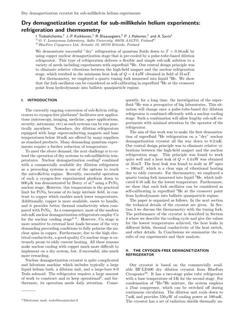 Pdf Dry Demagnetization Cryostat For Sub Millikelvin Helium Experiments Refrigeration And