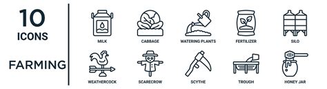 농업 개요 아이콘 세트에는 얇은 선 우유 급수 식물 사일로 허수아비 골짜기 꿀 항아리 보고서 프리젠 테이션 다이어그램 웹 디자인을위한 웨더콕 아이콘이 포함됩니다 0명에 대한