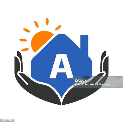 편지 에 부동산 로고 기호 태양 집과 손 템플릿 개념 안전한 홈 로고 엘리먼트 벡터 문에 대한 스톡 벡터 아트 및 기타 이미지 문 알파벳 A 도움의 손길 Istock