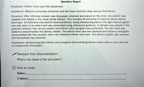 Operative Report Procedure Inferior Vena Cava Filter Placement