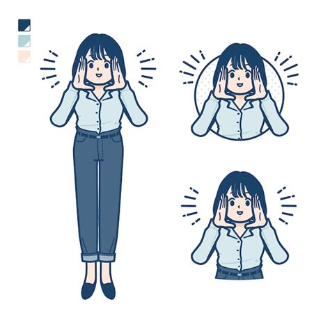 큰 소리로 외치는 이미지가 있는 오픈 칼라 셔츠를 입은 젊은 여성 프리미엄 벡터