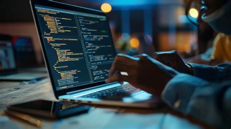 A Person Learning To Code Typing On A Laptop With Lines Of Code On The Screen Premium Ai