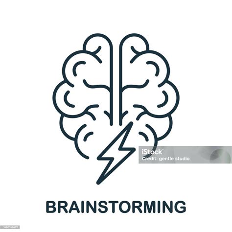 Brainstorm Line Icon Human Brain With Lightning Linear Pictogram Think About Creative Idea
