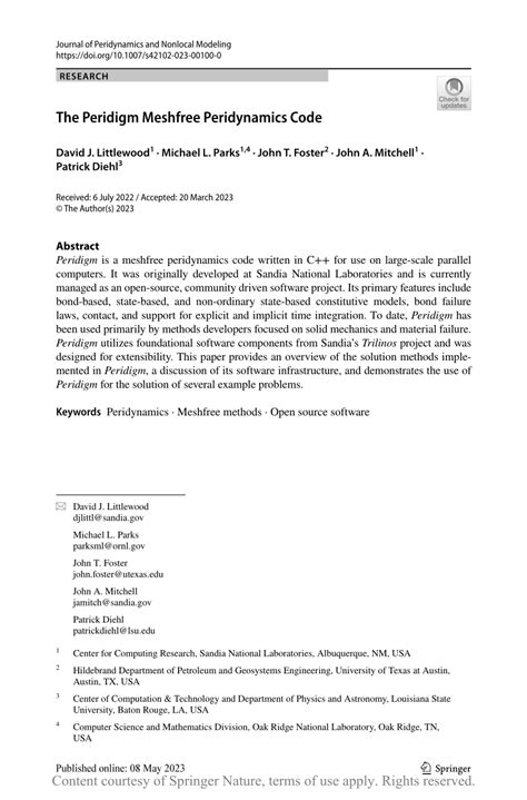 PDF The Peridigm Meshfree Peridynamics Code