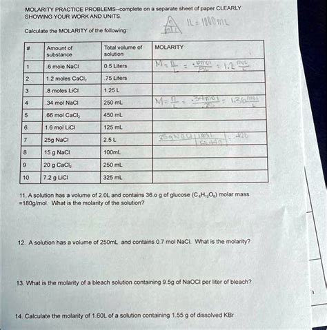 Solved Molarity Practice Problems Complete On A Separate Sheet Of Paper Clearly Showing Your