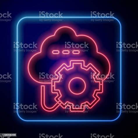 빛나는 네온 클라우드 기술 데이터 전송 및 저장 아이콘은 파란색 배경에 격리되어 있습니다 조정 서비스 설정 유지 보수 수리 고정 벡터 개념에 대한 스톡 벡터 아트 및 기타