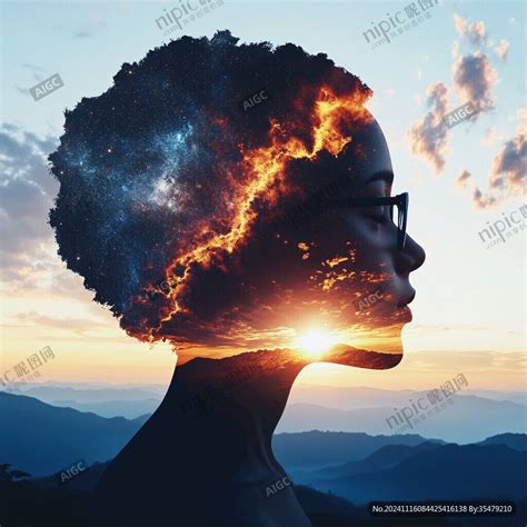 Ai创作图超现实美学 意识流 灵魂探索的景象 人类智慧 3d超现实主义 合成炫酷风格 创意拼接 特效合成 创意合成图片 剪影侧脸 脸部侧面轮廓剪影 超现实主义图片 独特视 梦幻美女剪影 创意视