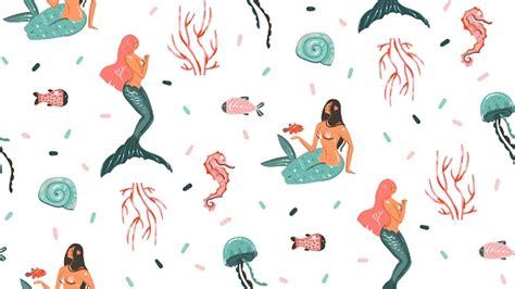 손으로 그린된 벡터 추상 만화 그래픽 여름 시간 수 중 그림 완벽 한 패턴 해파리 물고기와 보헤미안 인 어 여자 문자 흰색 배경에 고립 된 아름다움 연속무늬에 대한 스톡