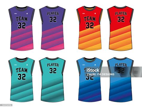 슬리브리스 탱크 탑 농구 저지 조끼 디자인은 4 가지 색상 템플릿으로 설정 남성과 여성을위한 전면및 후면 보기와 스포츠 저지 개념 농구 배구 저지 테니스 배드민턴 농구복에