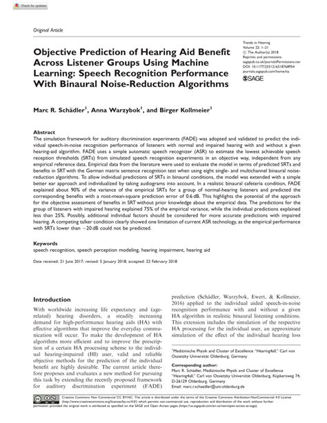 Pdf Objective Prediction Of Hearing Aid Benefit Across Listener
