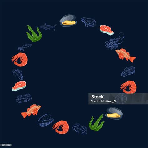 해산물 생선 홍합 연어 새우 에코 영양 개념 다이어트 메뉴 벡터 일러스트 레이 션의 화려한 아이콘으로 화 환 배너 게에 대한