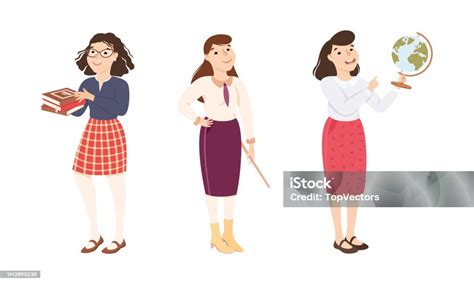 여성 학교 교사 또는 교육자 포인터와 글로브와 함께 서서 벡터 세트를 설명하는 것 교사 교육 관련 직업에 대한 스톡 벡터 아트 및 기타 이미지 교사 교육 관련 직업