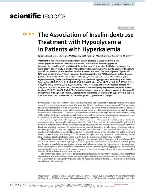 Pdf The Association Of Insulin Dextrose Treatment With Hypoglycemia In Patients With Hyperkalemia
