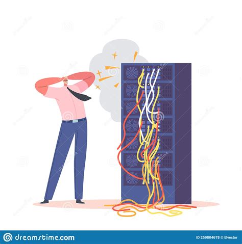 System Administrator Or Sysadmin Character Servicing Server Racks With Short Circuit
