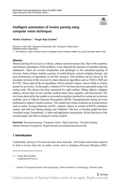 Intelligent Automation Of Invoice Parsing Using Computer Vision Techniques