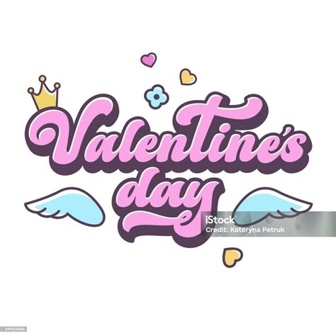 해피 발렌타인 데이 레터링 레트로 스타일의 손으로 그린 윤곽선 템플릿입니다 발렌타인 텍스트 귀여운 하트 황금 왕관 큐피드 천사 날개 발렌타인 타이포그래피 벡터 만화 일러스트