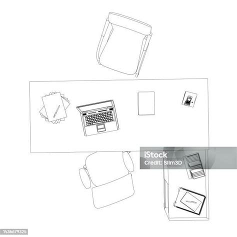사무실 테이블 의자 노트북 캐비닛 및 기타 사무용품의 윤곽은 흰색 배경에 격리되어 있습니다 위에서보기 3d 벡터 일러스트레이션
