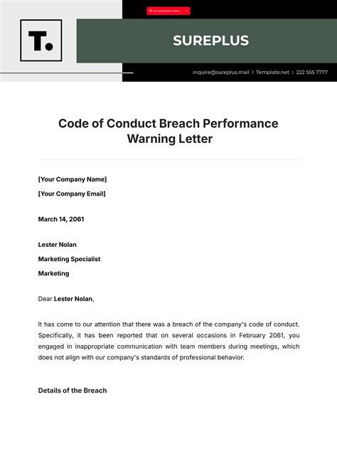 Free Code Of Conduct Breach Performance Warning Letter Template To Edit Online