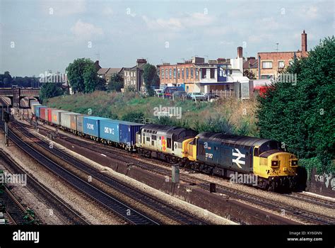 A Pair Of Class 37 Diesel Locomotives Numbers 37057 And 37073 Climb