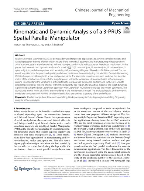 Pdf Kinematic And Dynamic Analysis Of A 3 Prus Spatial Parallel Manipulator