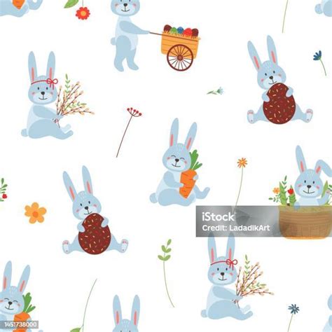 만화 부활절 토끼 완벽 한 패턴입니다 꽃과 초콜릿 달걀을 가진 토끼 유치한 축제 봄 질감 고급 벡터 텍스타일 프린트 귀여운에