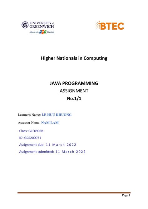 Asm Le Huu Khuong Gcs2000 71 Higher Nationals In Computing Java Programming Assignment No