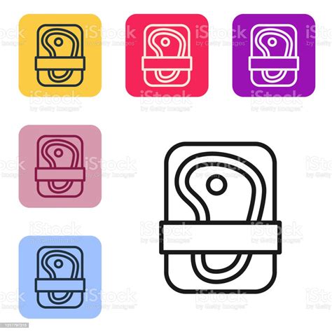 검은 색 라인 고기 포장 스테이크 아이콘 흰색 배경에 고립 플라스틱 패키지에 신선한 고기 쇠고기 스테이크 유기농 제품 색상