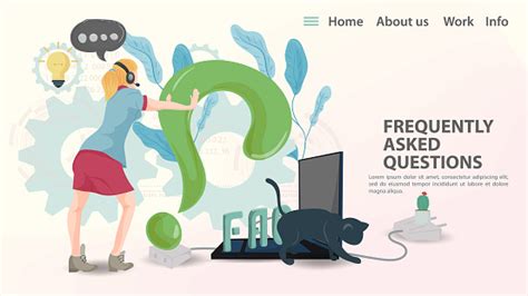웹 페이지 또는 앱a 소녀가 물음표를 랩톱에 푸시하기 위한 Faq 벡터 일러스트 랜딩 페이지 템플릿 Brand Name Online Messaging Platform에 대한