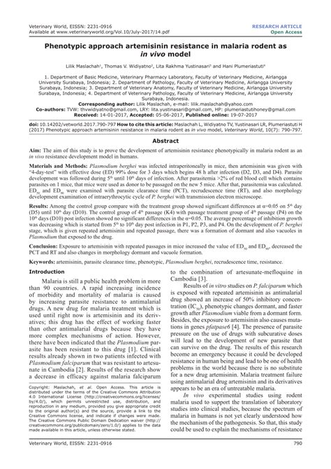 Pdf Phenotypic Approach Artemisinin Resistance In Malaria Rodent As In Vivo Model