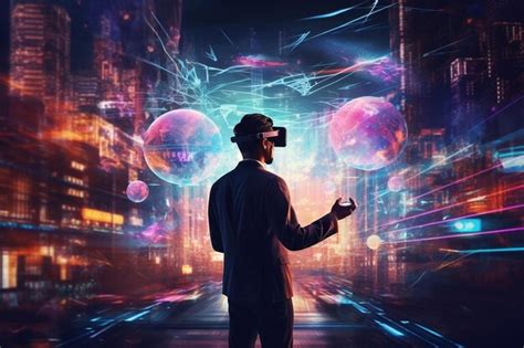 메타버스 기술 개념 사업가 사용 Vr 가상 현실 고글과 메타버스의 경험 프리미엄 사진