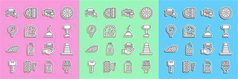 자동차 공기 필터 교통 콘 기어 시프터 체크 엔진 모터 가스 게이지 타이어 압력 온라인 자동차 공유 및 모터 기계 오일 아이콘용