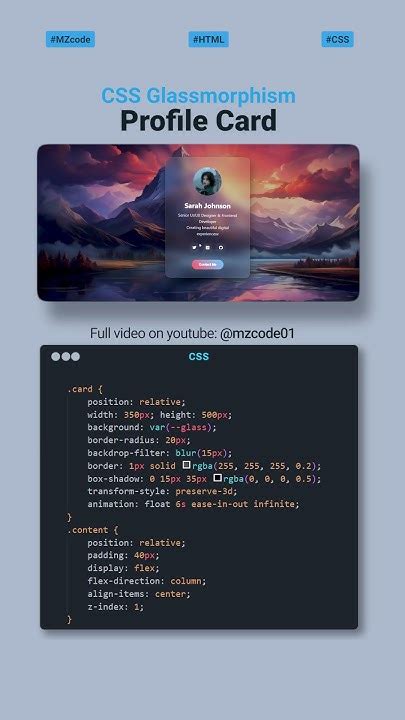 Glassmorphism Profile Card With Css ️ Mzcode01 Profilecard Cssprojects Css Shorts Hindi
