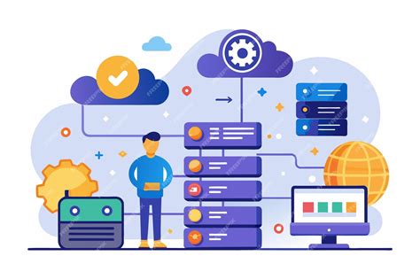 Premium Vector Man Standing Confidently In Front Of A Tall Stack Of Servers In A Sleek And