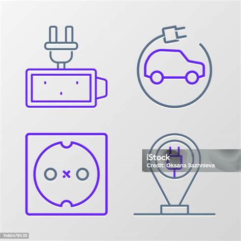 라인 충전 주차 전기 자동차 전기 콘센트 및 배터리 충전 아이콘을 설정합니다 벡터 아이콘에 대한 스톡 벡터 아트 및 기타 이미지