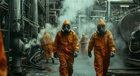 Group In Orange Hazmat Suits And Gas Masks Walking Through Industrial
