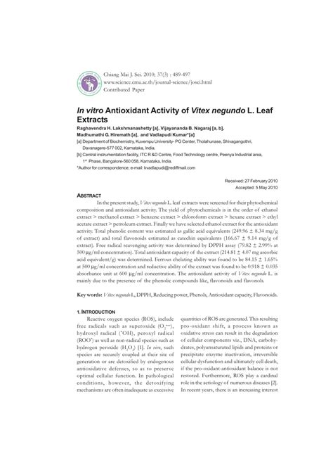 Pdf In Vitro Antioxidant Activity Of Vitex Negundo L Leaf Extracts