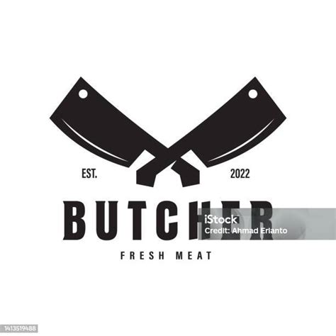 레트로 빈티지 고기 라벨 기호 디자인 교차 마체트 기호 벡터 템플릿 정육점 주인에 대한 스톡 벡터 아트 및 기타 이미지 정육점 주인 테이블 나이프 부엌 칼 Istock