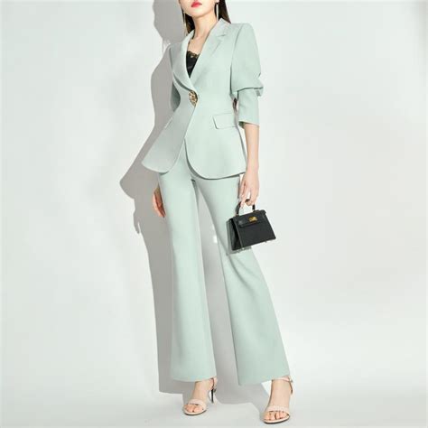 민트 그린 금장 정장 자켓 와이드 레그 팬츠 투피스 수트 세트 에이블리