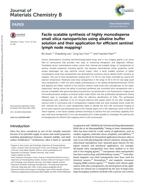 Pdf Facile Scalable Synthesis Of Highly Monodisperse Small Silica