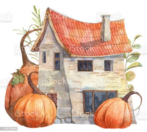 그 주위에 자라는 큰 호박이있는 귀여운 별장 집 인사말 카드와 엽서 디자인을위한 추수 감사절 수확 그림 수채화 손으로 그린 집 10월에 대한 스톡 벡터 아트 및 기타 이미지