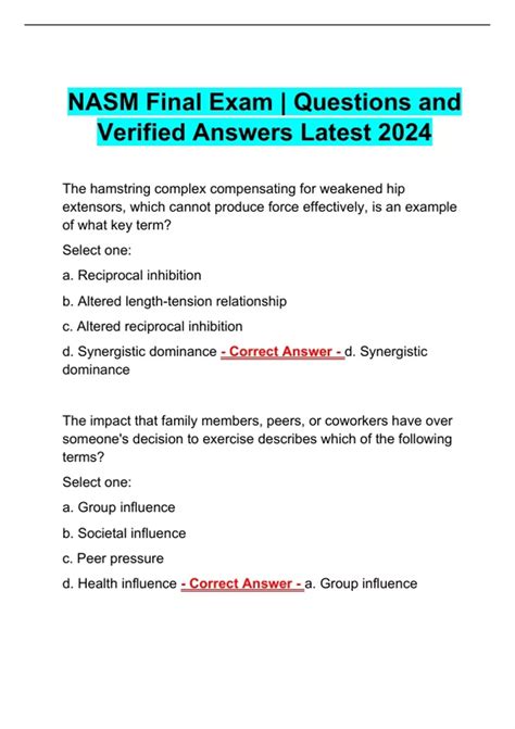 NASM Final Exam Questions And Verified Answers Latest 2024 Nasm Stuvia US