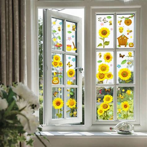 5pcs 3d Sunflower Pattern Window Decal Removable Pvc Glue Free Static
