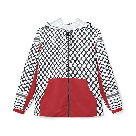 Red Keffiyeh Pattern Windbreaker Jacket Lightweight Raincoat Arabic Style Outerwear Hipster