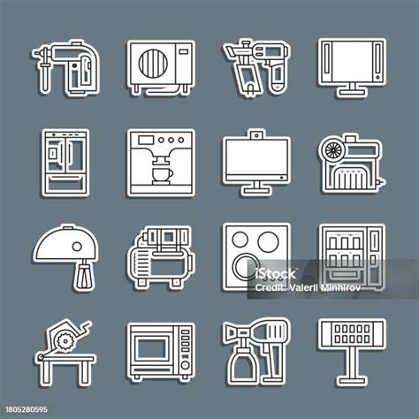 세트 라인 전기 히터 자동 판매기 공기 압축기 네일 건 커피 및 컵 냉장고 로터리 해머 드릴 및 컴퓨터 모니터 아이콘 벡터