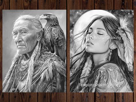 42 Native Americans Portrait Coloring Pages Grayscale Coloring Book