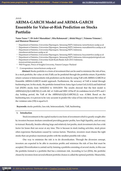 Pdf Arima Garch Model And Arima Garch Ensemble For Value At Risk