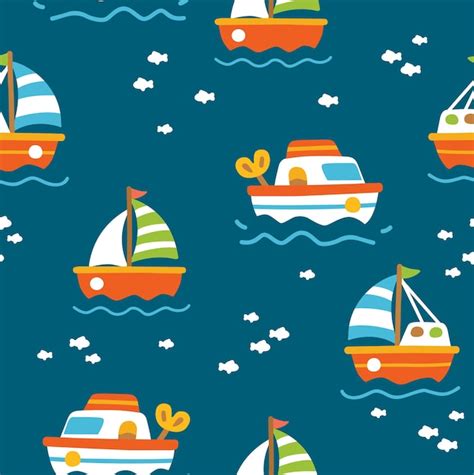 Cute Sailboats And Fish Seamless Texture Premium Vector
