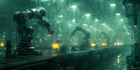Robotic Arms Working On An Automated Assembly Line In A Futuristic Factory Setting Stock Image