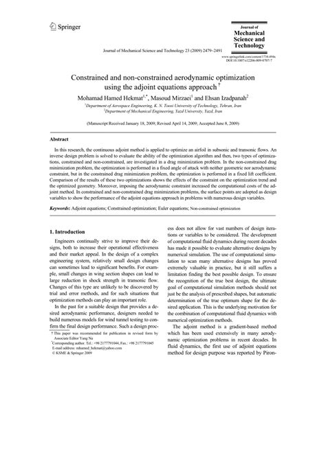 Pdf Constrained And Non Constrained Aerodynamic Optimization Using The Adjoint Equations Approach